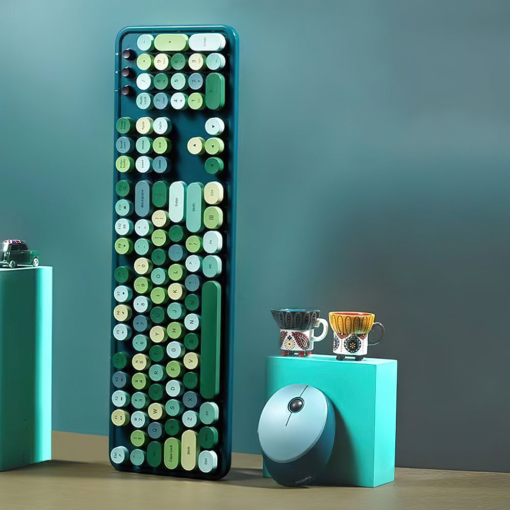 Wireless Robotic Punk Round Key Keyboard Mouse Set